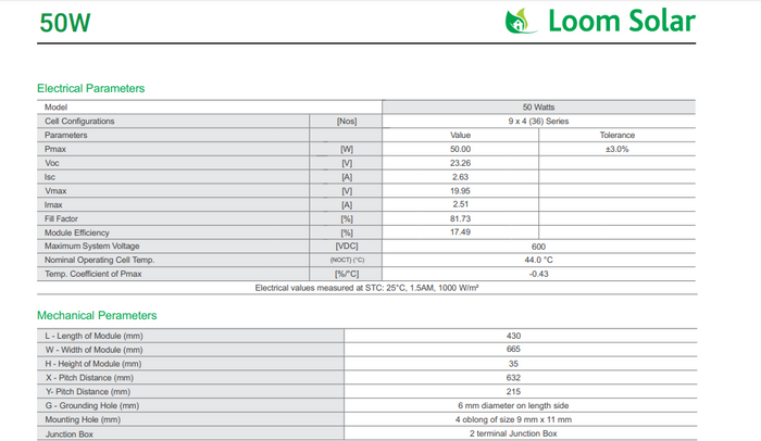 Loom Solar 50 Watt - 12 Volts Mono Crystalline Solar Panel-Apollo Universe
